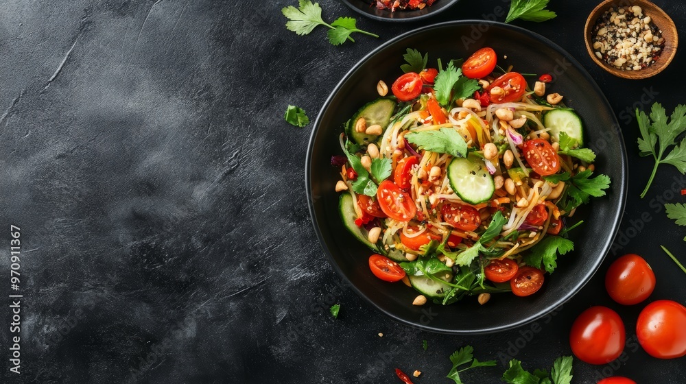 Traditional Thai green papaya som tam salad with green papaya slices ...
