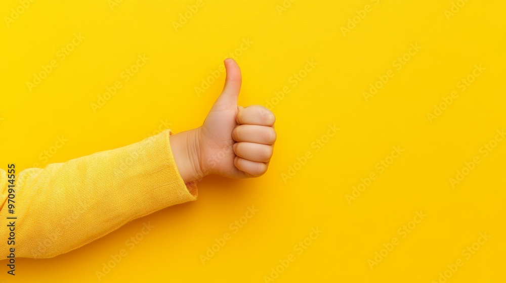 Childs hand shows thumbs up class like. Gesture isolated on yellow ...