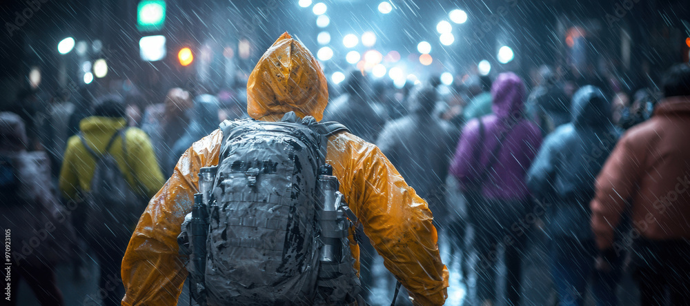 Minimalist scene of frustrated people in costumes walking through dark ...