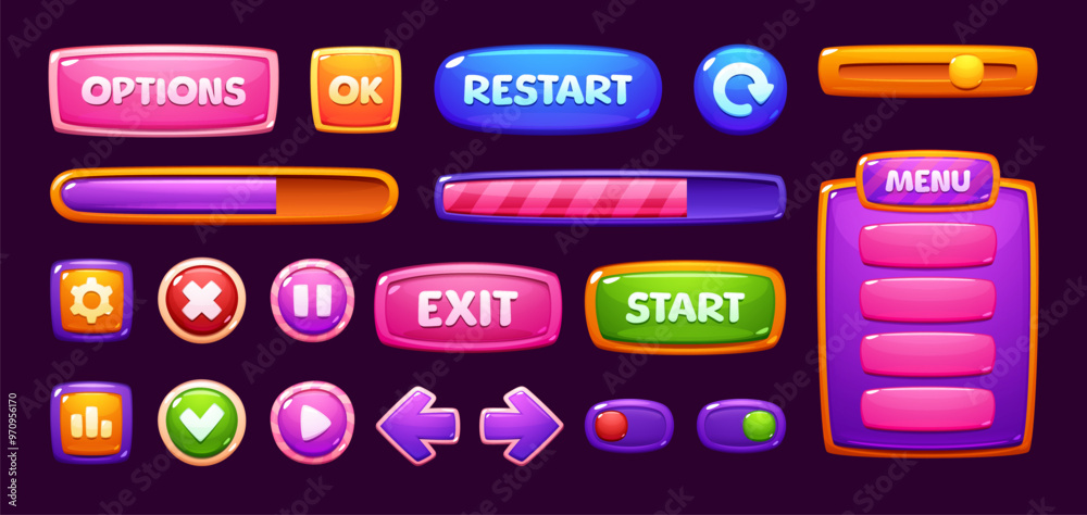 Candy sweet game interface. Cartoon vector menu windows, options ...