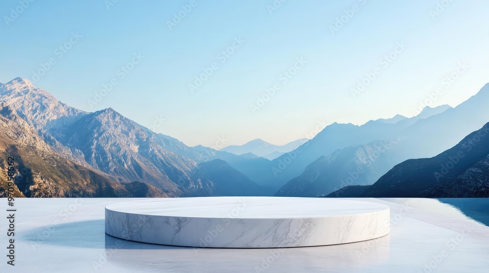 Outdoor podium made of marble, set against a backdrop of towering ...
