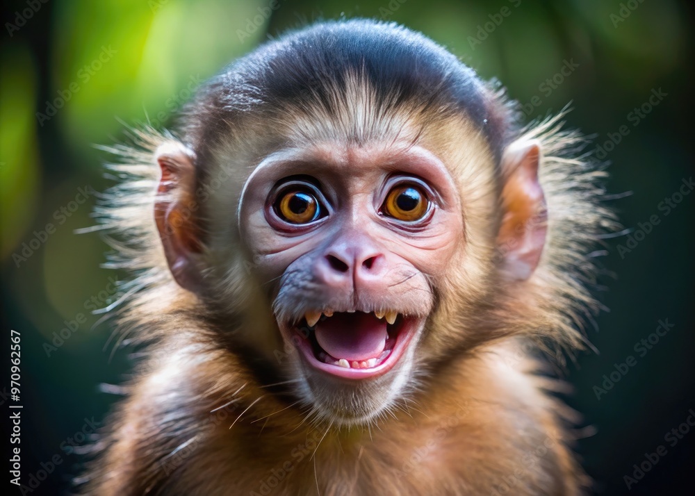 Adorable capuchin monkey faces the camera with an endearing, toothy ...