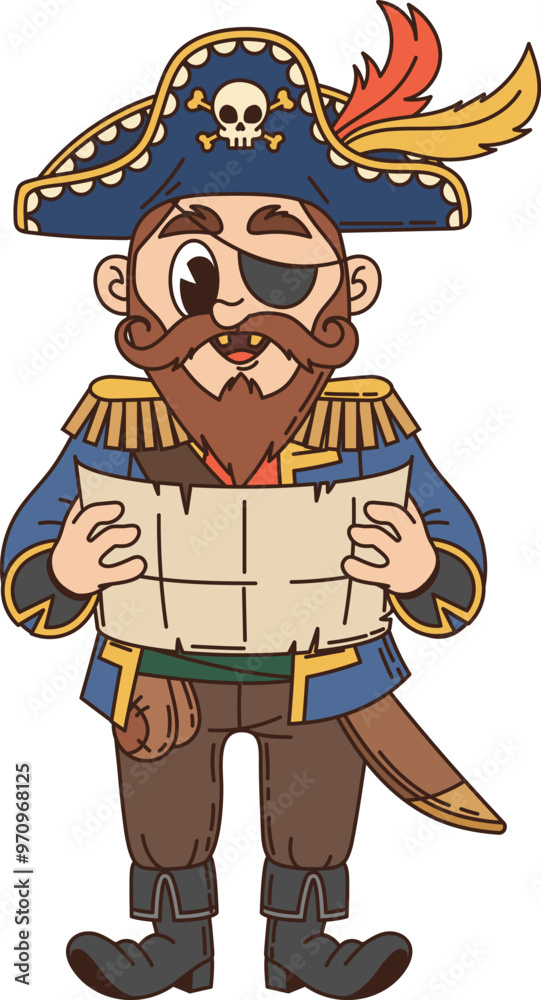 Cartoon groovy pirate and corsair character reads a treasure map. Isolated vector nautical ...