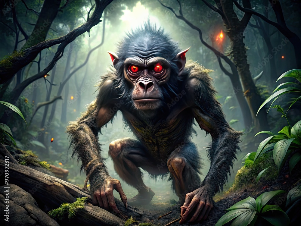 A grotesque, undead monkey with glowing red eyes and tattered fur ...
