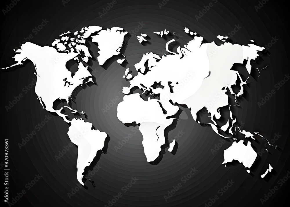 A high-contrast, monochromatic illustration of the world map, featuring ...