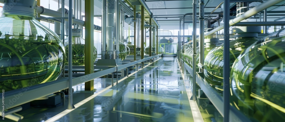 A modern biotech lab featuring rows of large glass containers filled ...