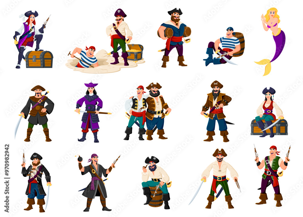 Cartoon sailor and skipper pirate characters, boatswain and captain corsairs or filibusters ...