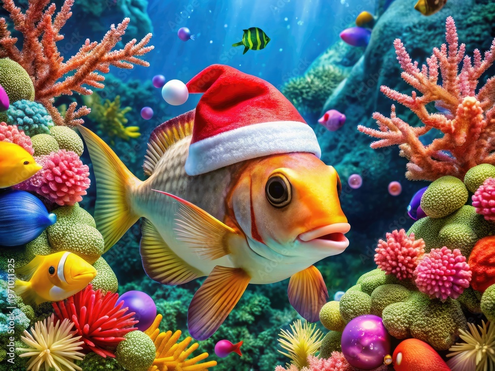 A vibrant underwater scene featuring a festive fish wearing a Santa hat ...