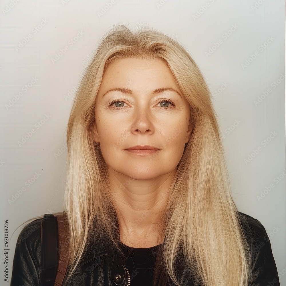 Professional passport photo of blonde woman with long hair in black ...