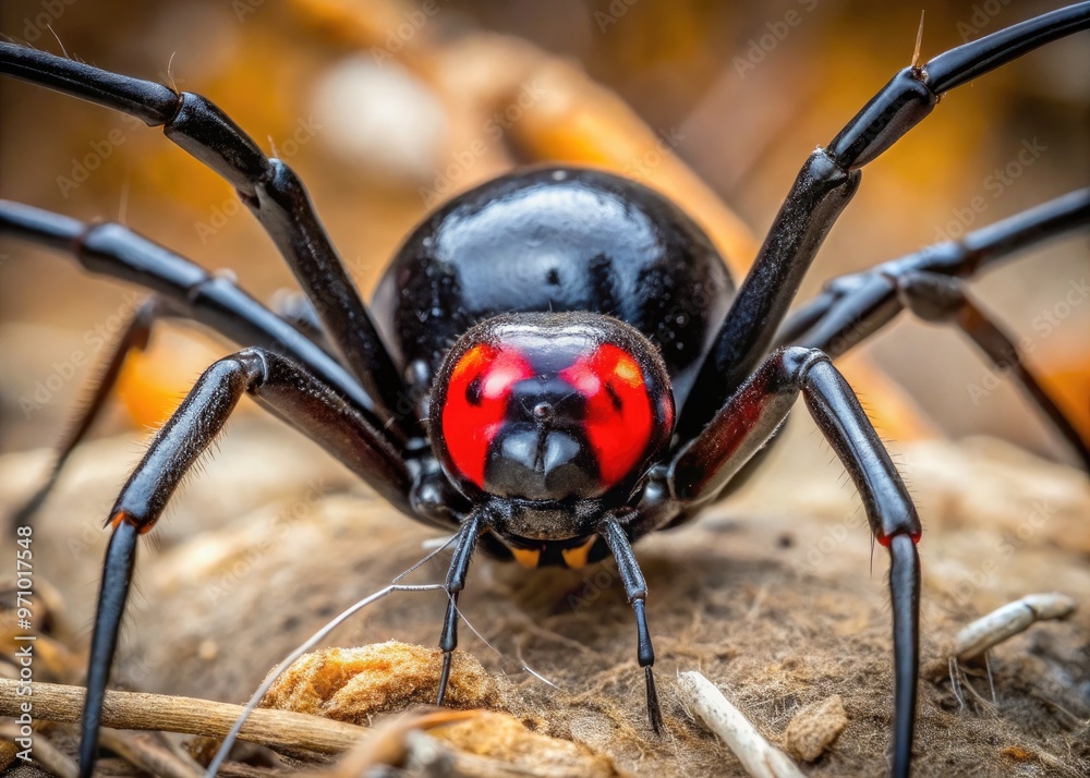 Close-up of a Black Widow spider's distinctive black body with bright ...