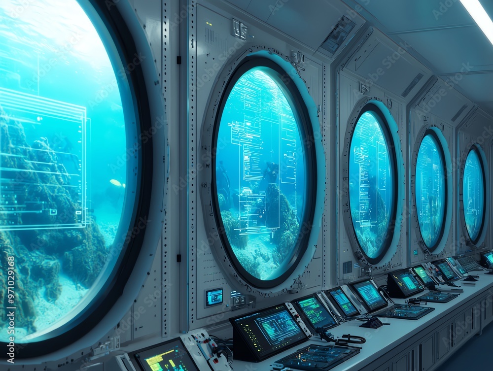 Futuristic underwater environment with advanced tech, engineers ...