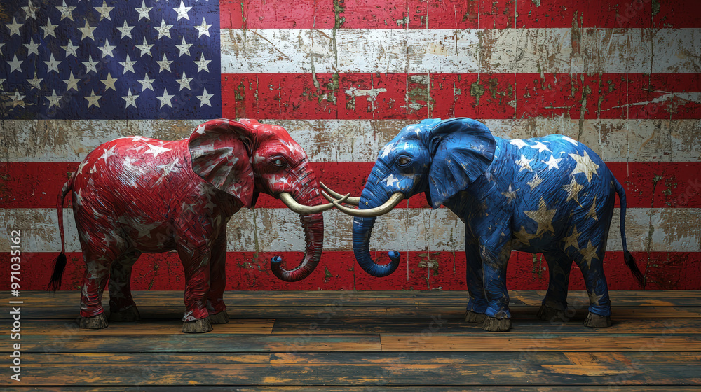 Red elephant and blue donkey fighting in front of an American flag ...