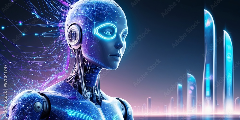 A digital humanoid robot composed of glowing lines and polygons ...