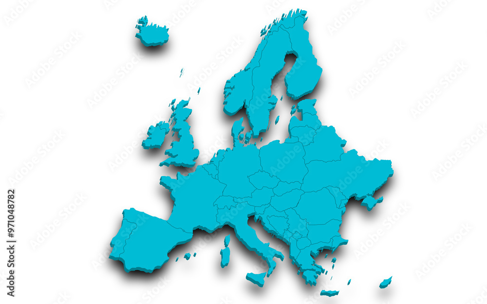 3d render map of Europe all Country with borders and regions, Europe ...