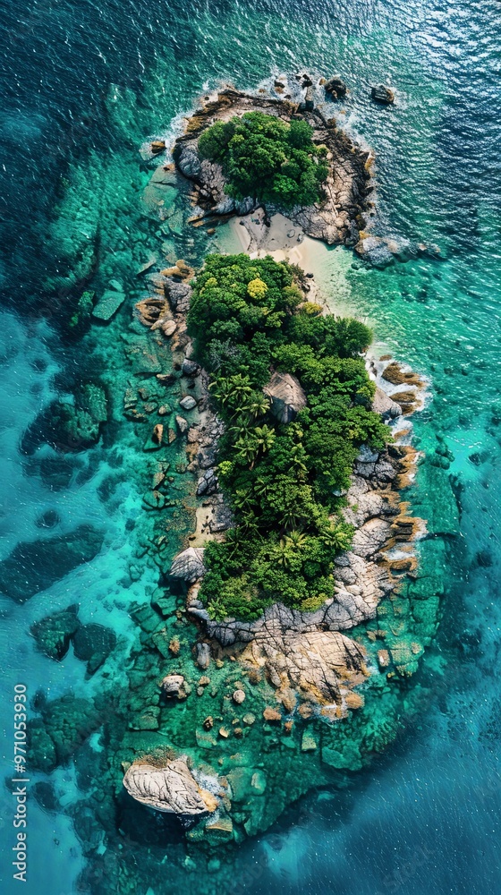 This image captures a small island surrounded by the clear blue, rocky ...