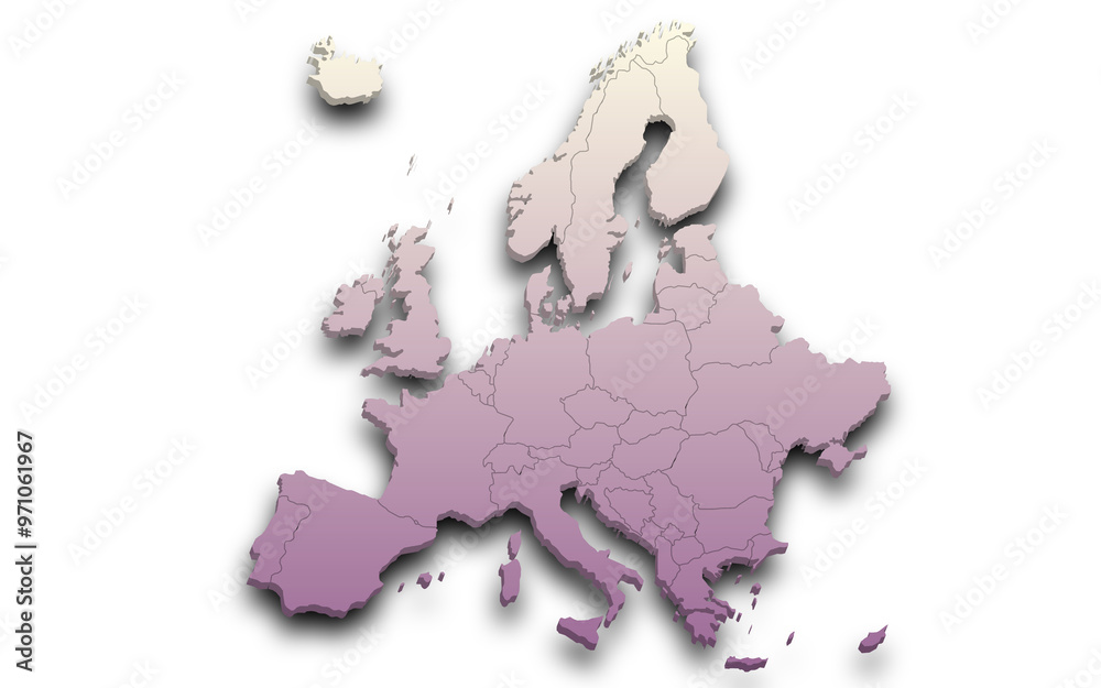 ภาพประกอบ Stock 3d render map of Europe all Country with borders and ...