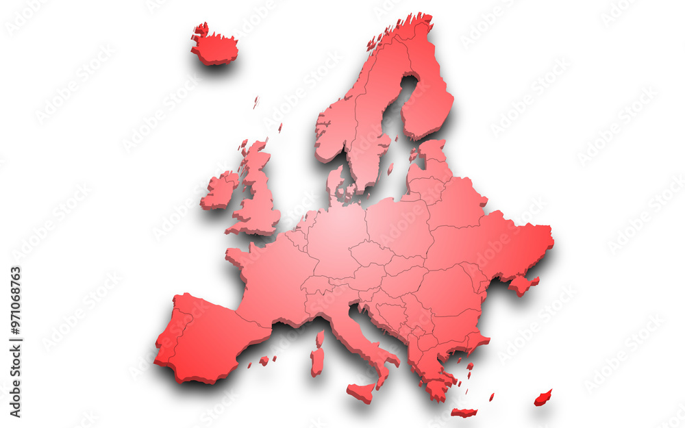 3d render map of Europe all Country with borders and regions, Europe ...