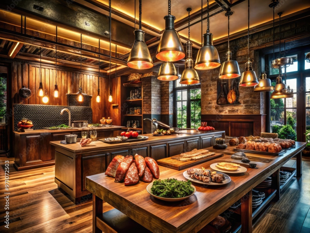Luxurious high-end restaurant interior features rich wood tones, dim ...