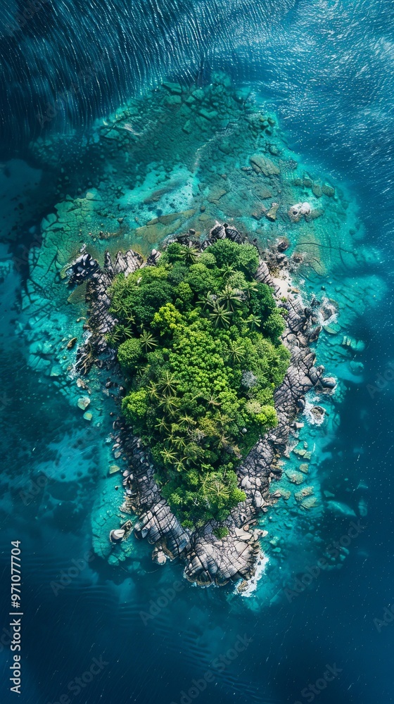Aerial image showcasing a pristine small tropical island enveloped by ...