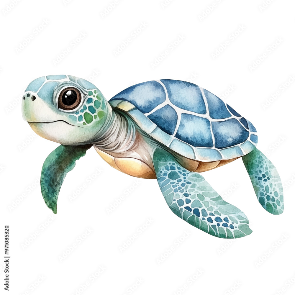 Watercolor cartoon cute sea turtle side view swimming. Illustration for ...