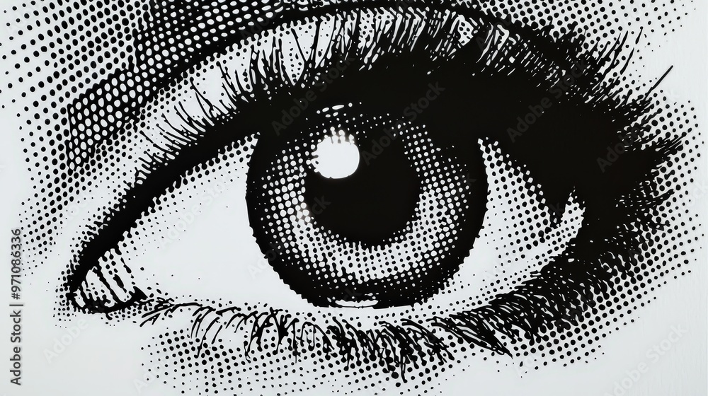 An artistic depiction of an eye features sharp lines and a unique dot ...