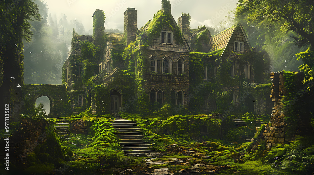 Moss covered ruins of victorian era buildings, royal gentry property ...