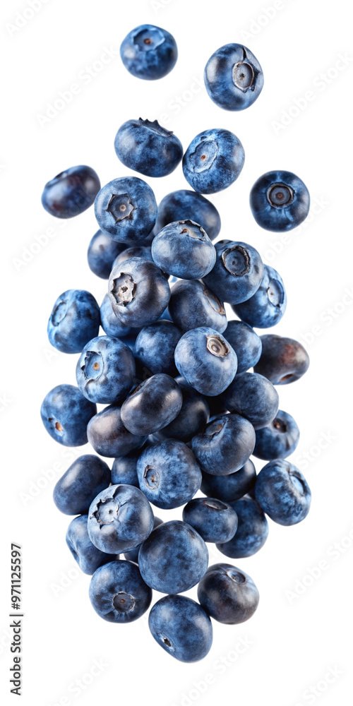 "High-quality image of blueberries falling mid-air, isolated on a white ...