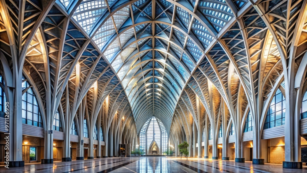 Sleek, curved steel columns support a contemporary cathedral's soaring ...