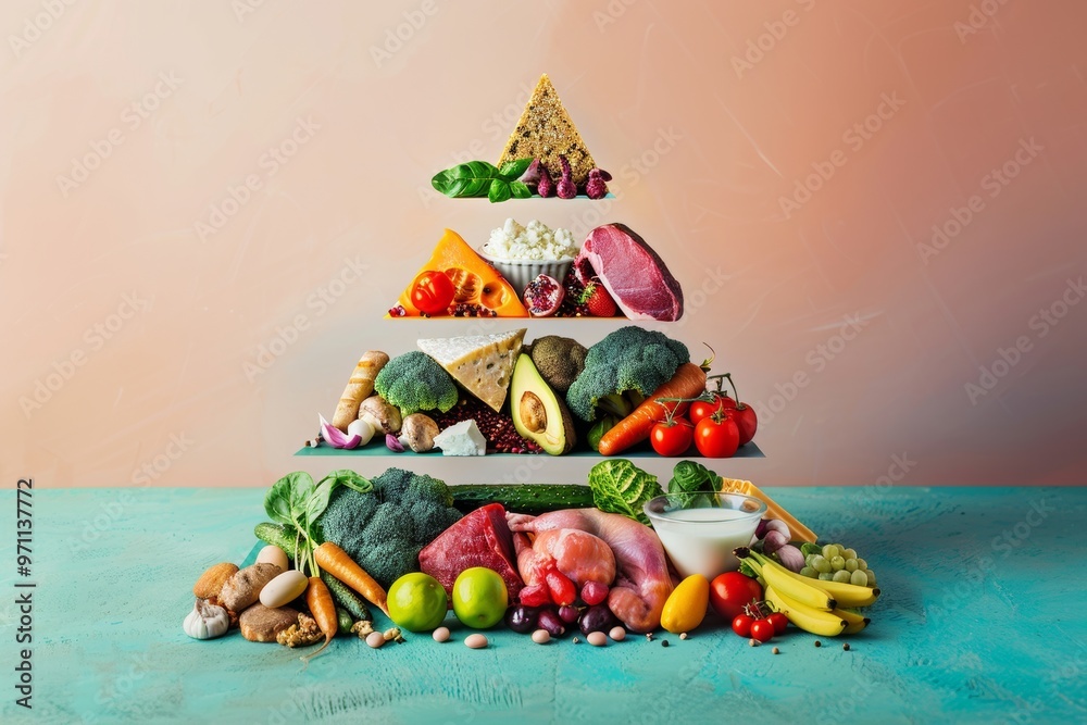 Balanced food pyramid display with vibrant ingredients Stock Photo ...