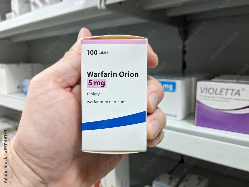 Prague, Czech Republic - SEPTEMBER 13 2024: WARFARIN ORION 5mg box of ...