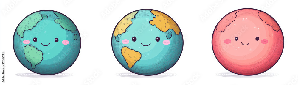 Cute cartoon Earth globes with smiling faces in different colors and ...