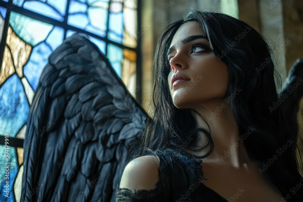 Ethereal Gothic Fantasy Model with Angel Wings Illuminated by Stained ...
