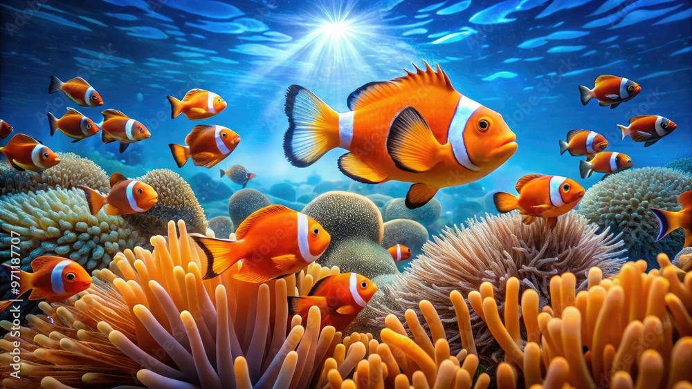 Vibrant orange clownfish swims amidst a school of blue damselfish ...