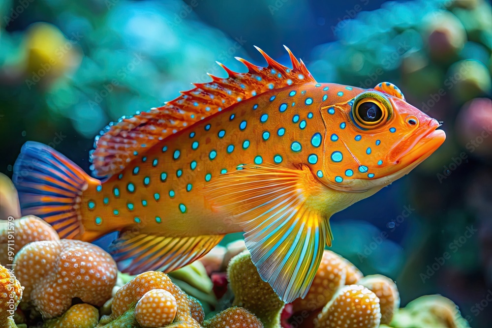 Vibrant orange-spotted blenny fish with distinctive markings and bright ...