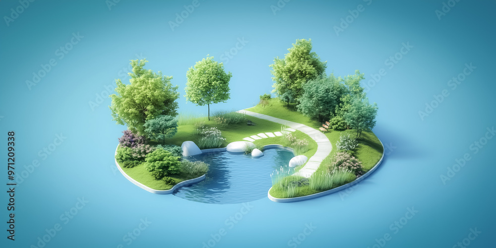 Peaceful 3D isometric park scene featuring a small pond, trees, and a ...