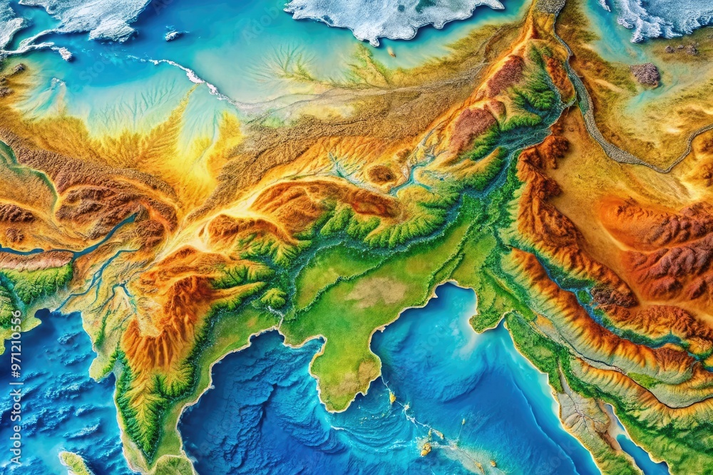 Ilustración de Stock Vibrant topographic map showcasing South Asia's ...