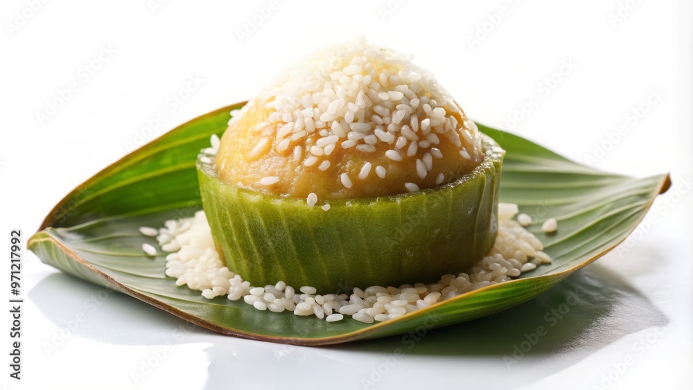 A single, perfectly formed Kuih Pulut, isolated on a stark white ...