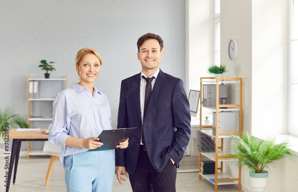 Office colleagues, business people standing during work break in modern ...