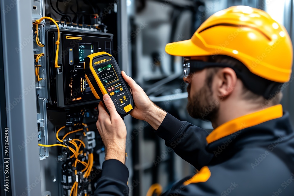 A professional-grade multimeter connected to an electrical panel ...