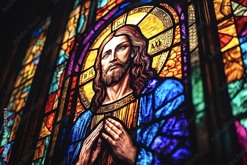 Colorful stained glass window depicting jesus christ with hands clasped ...