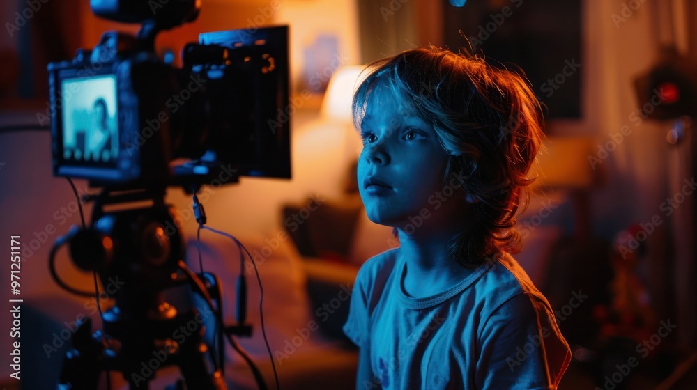 Child happily films in dark house for online audience. Concept Online ...