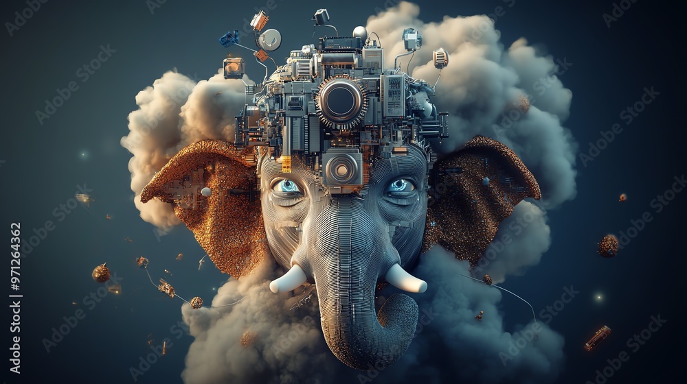 Abstract digital art depicting an elephant with a complex crown of ...