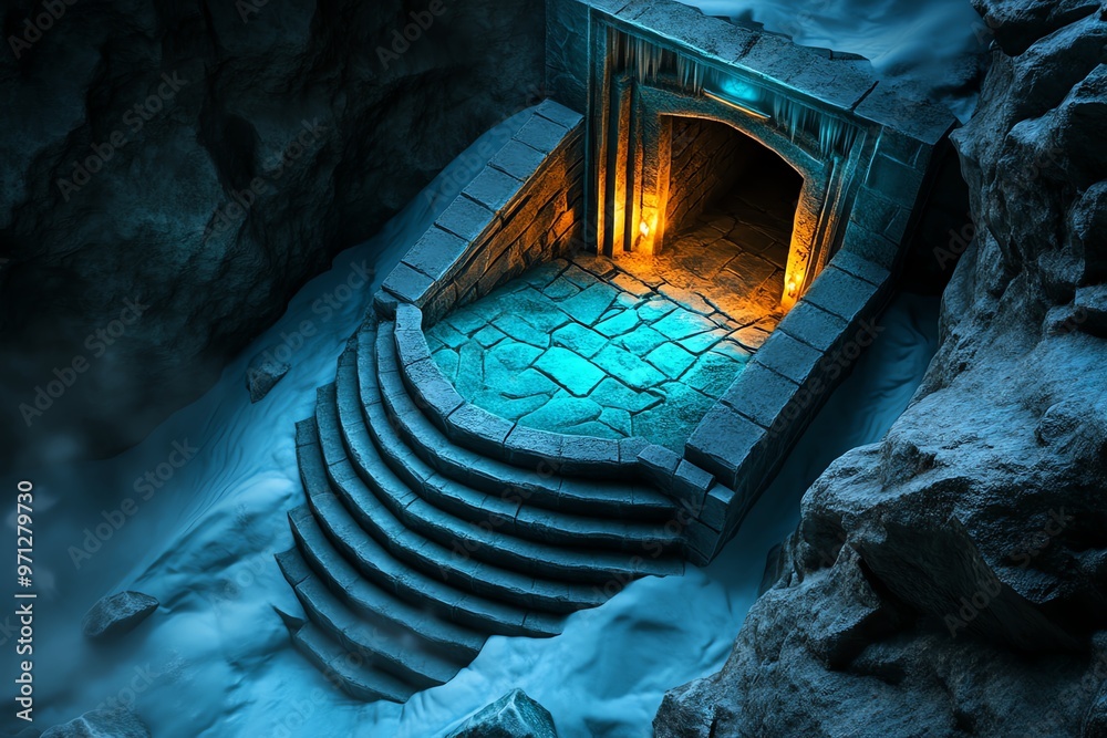 A dungeon carved out of ice, where adventurers must navigate slippery ...
