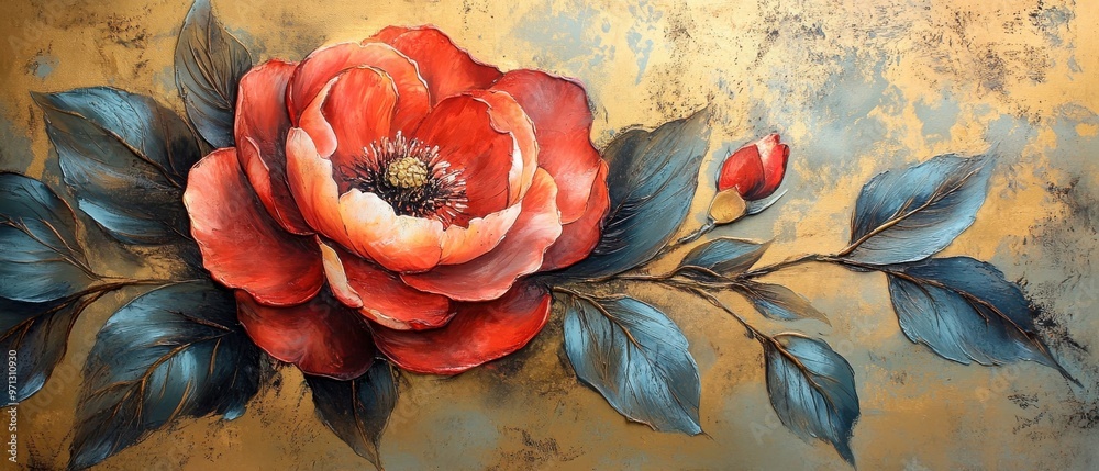Vintage Botanical Illustration of Stylized Red Rose with Floral Border ...