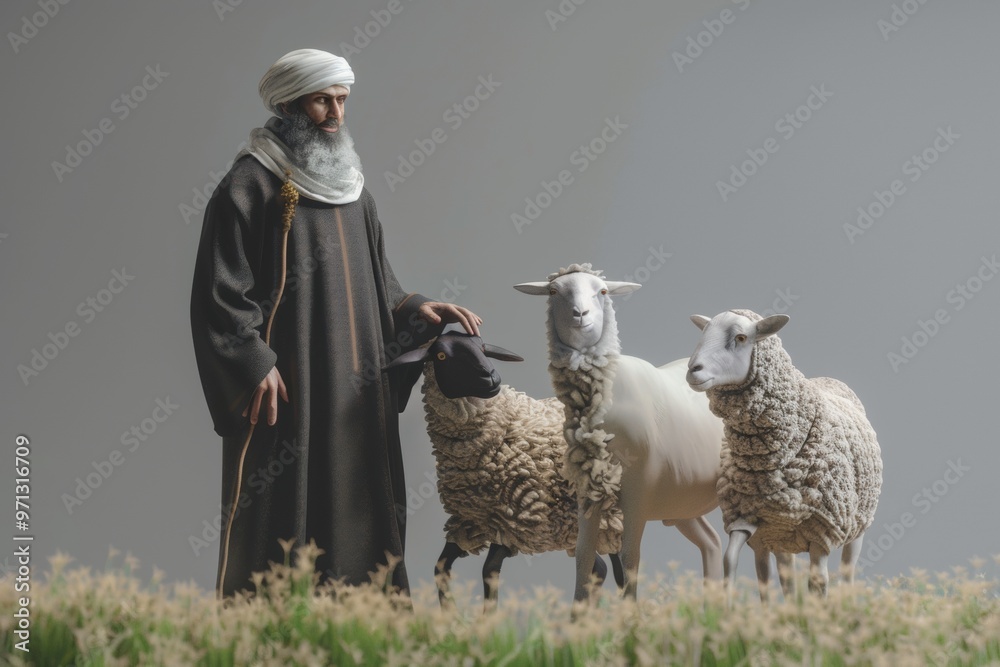 3D render of Muslim man with goat and sheep. Islamic festival of ...