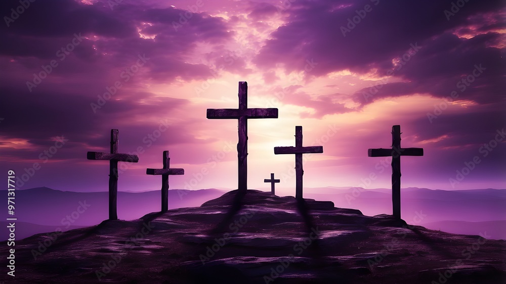 Three shadowy crosses with a breathtaking sunset of purple. Creator God ...