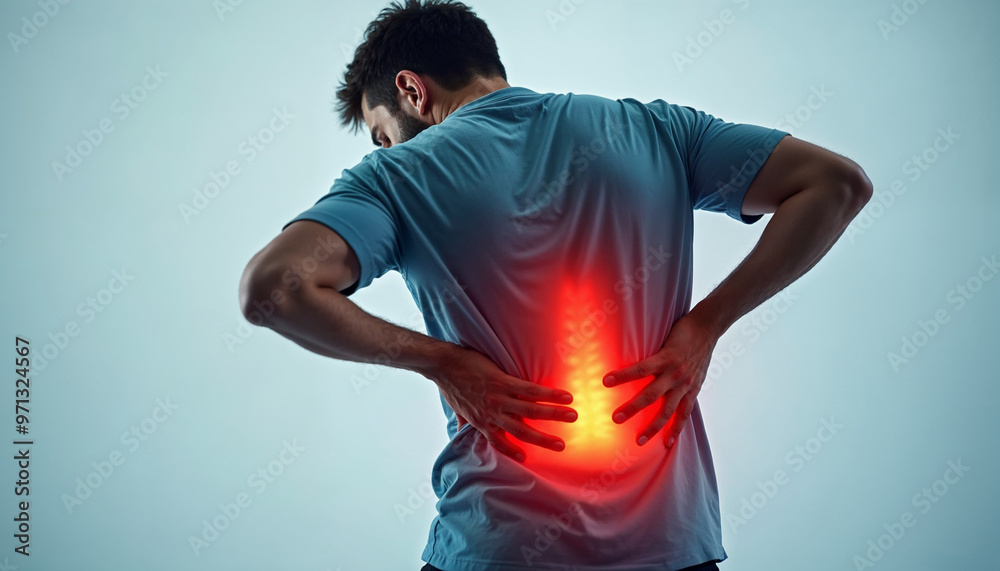Man suffering from back pain holding his lower back with highlighted ...