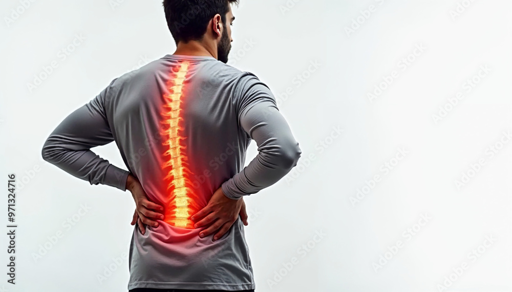 Man suffering from back pain holding his lower back with highlighted ...