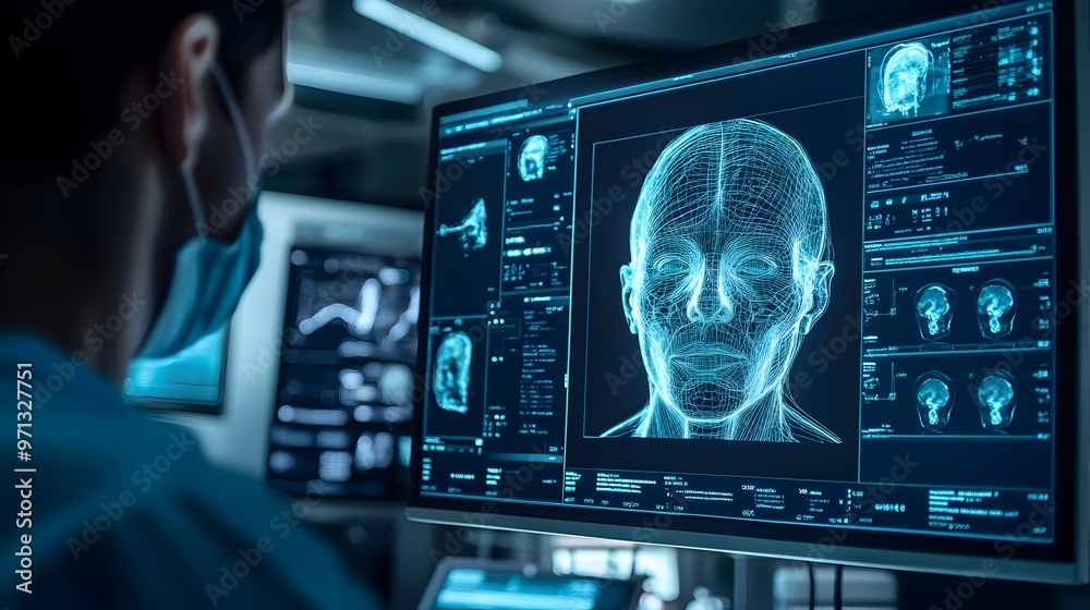 A highly advanced digital twin dashboard interface featuring a 3D holographic display,cutting ...