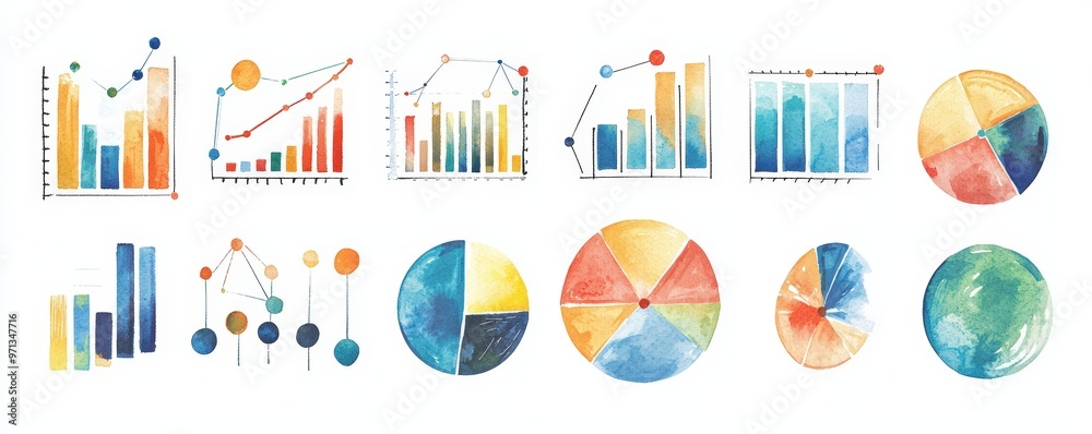 A collection of hand-painted watercolor charts and graphs, perfect for ...
